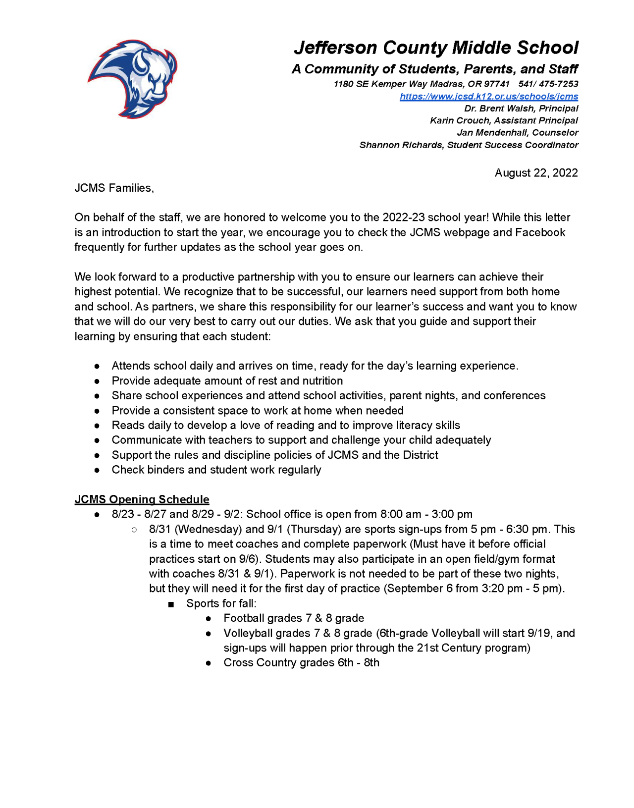 JCMS Welcome Back to School Letter - Jefferson County School District 509J